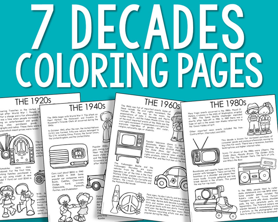 DECADES HISTORY Coloring Page Book Printables Homeschool | Etsy