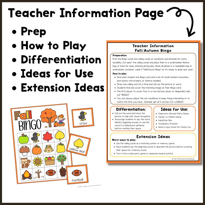 Printable Fall Bingo Game | Kids Classroom Activity (digital Download ...