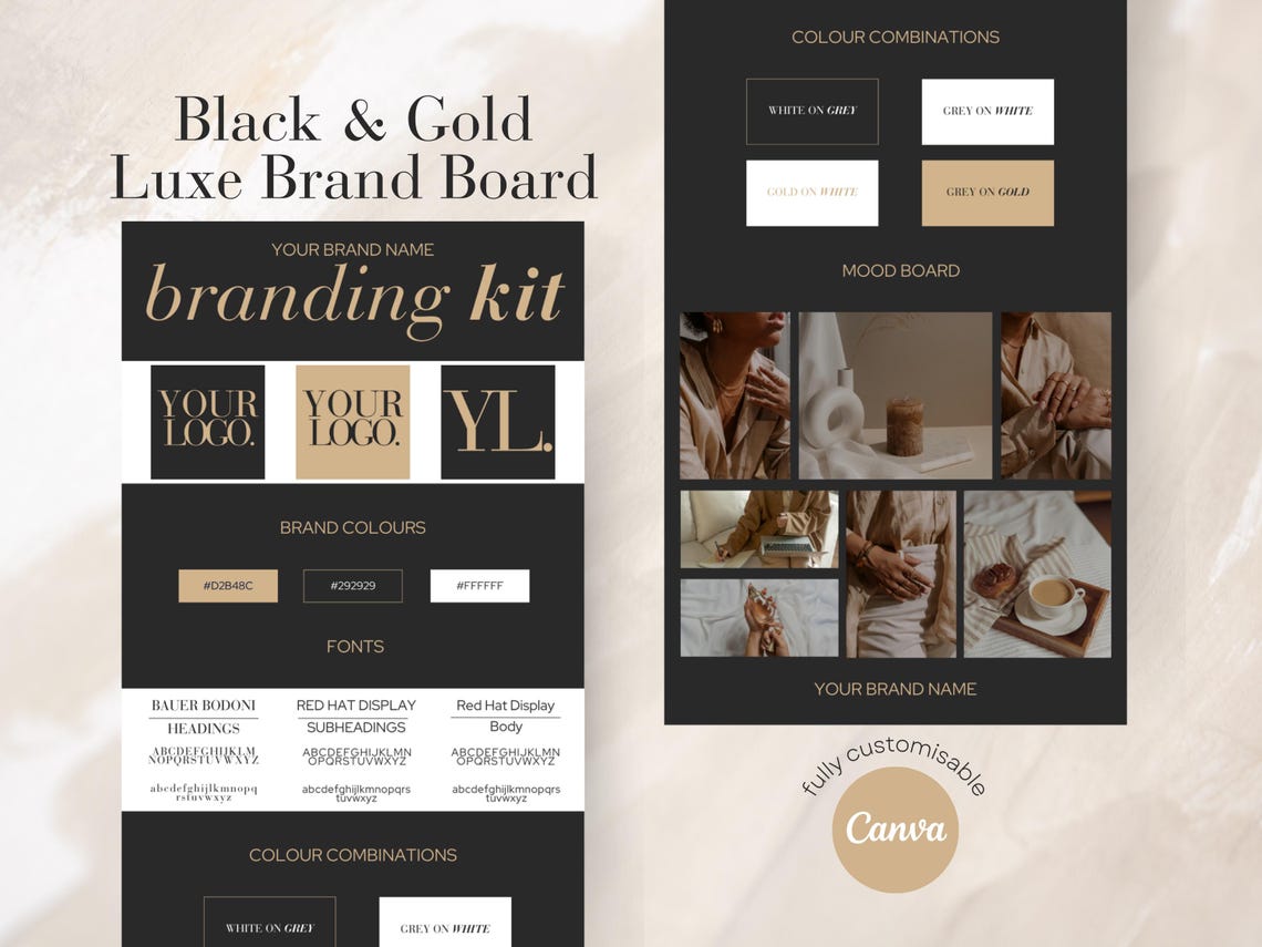 Black and Gold Luxe Brand Board Canva Template | Branding Board Kit ...