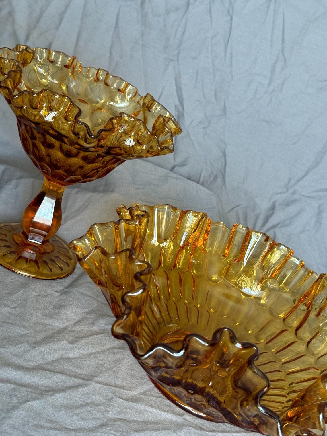 Fenton Amber Ruffled Thumbprint Bowl and Pedestal Duo - Etsy