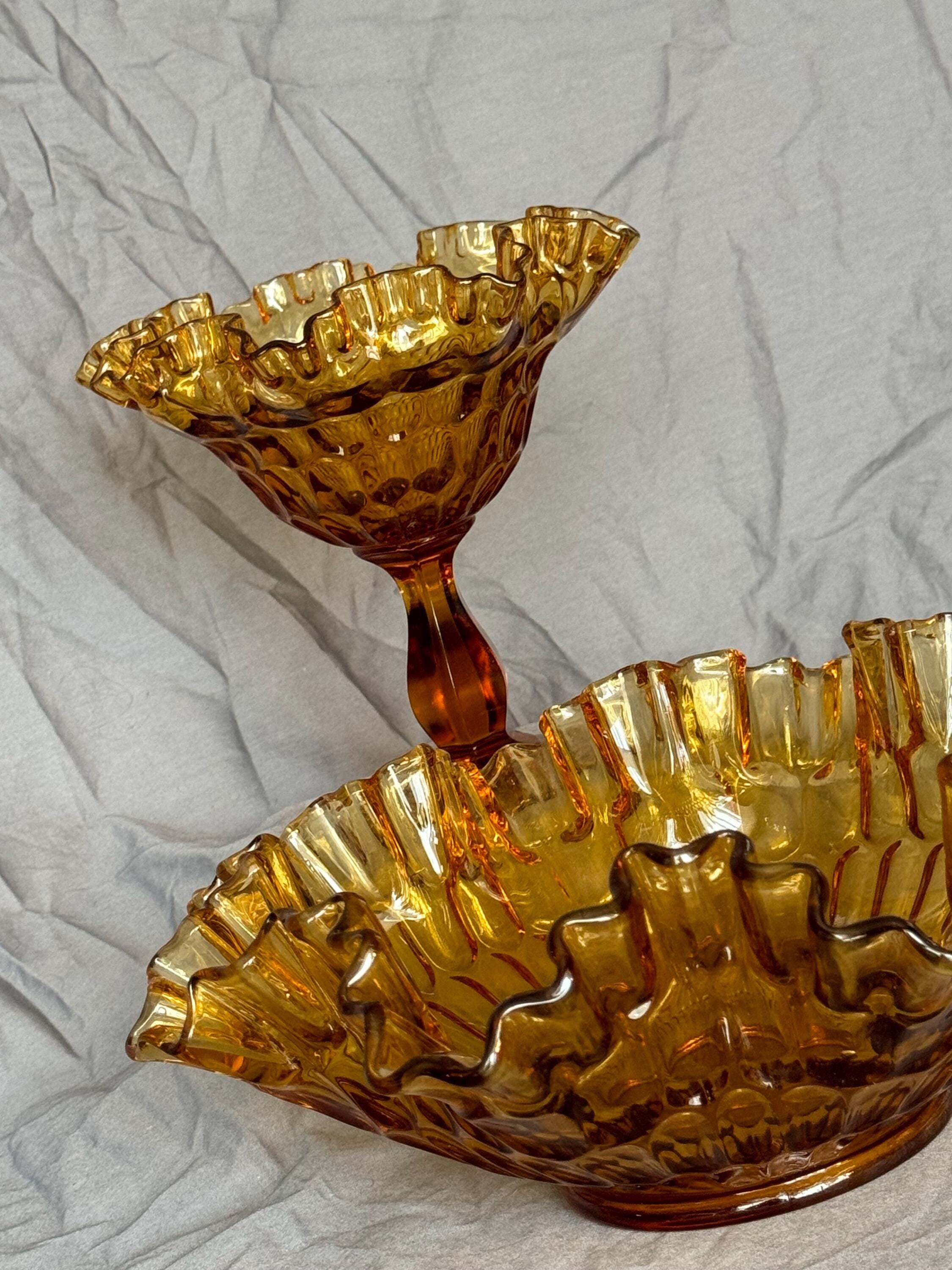 Fenton Amber Ruffled Thumbprint Bowl and Pedestal Duo - Etsy