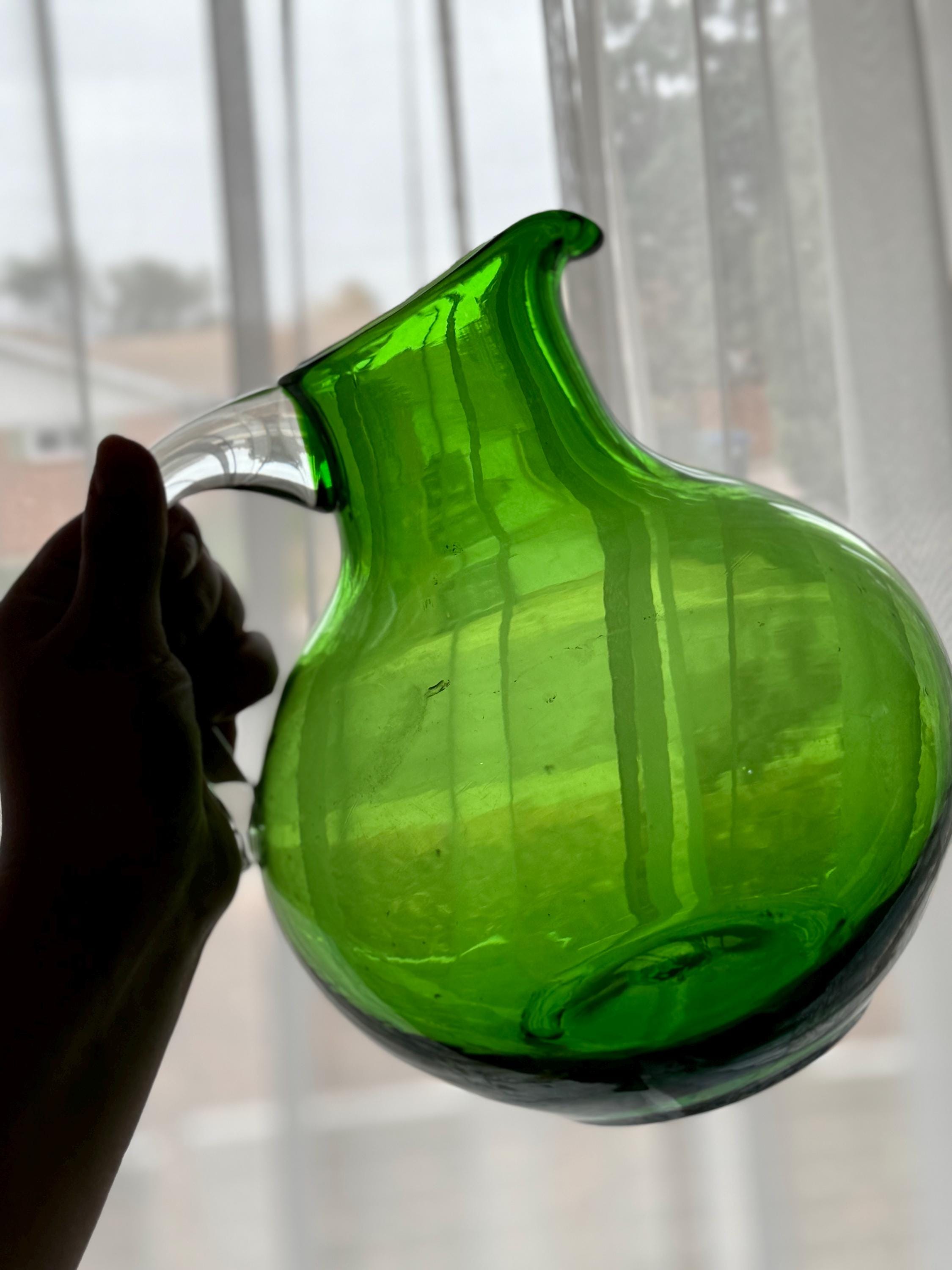Vintage Green Glass Hand Blown Pitcher - Etsy