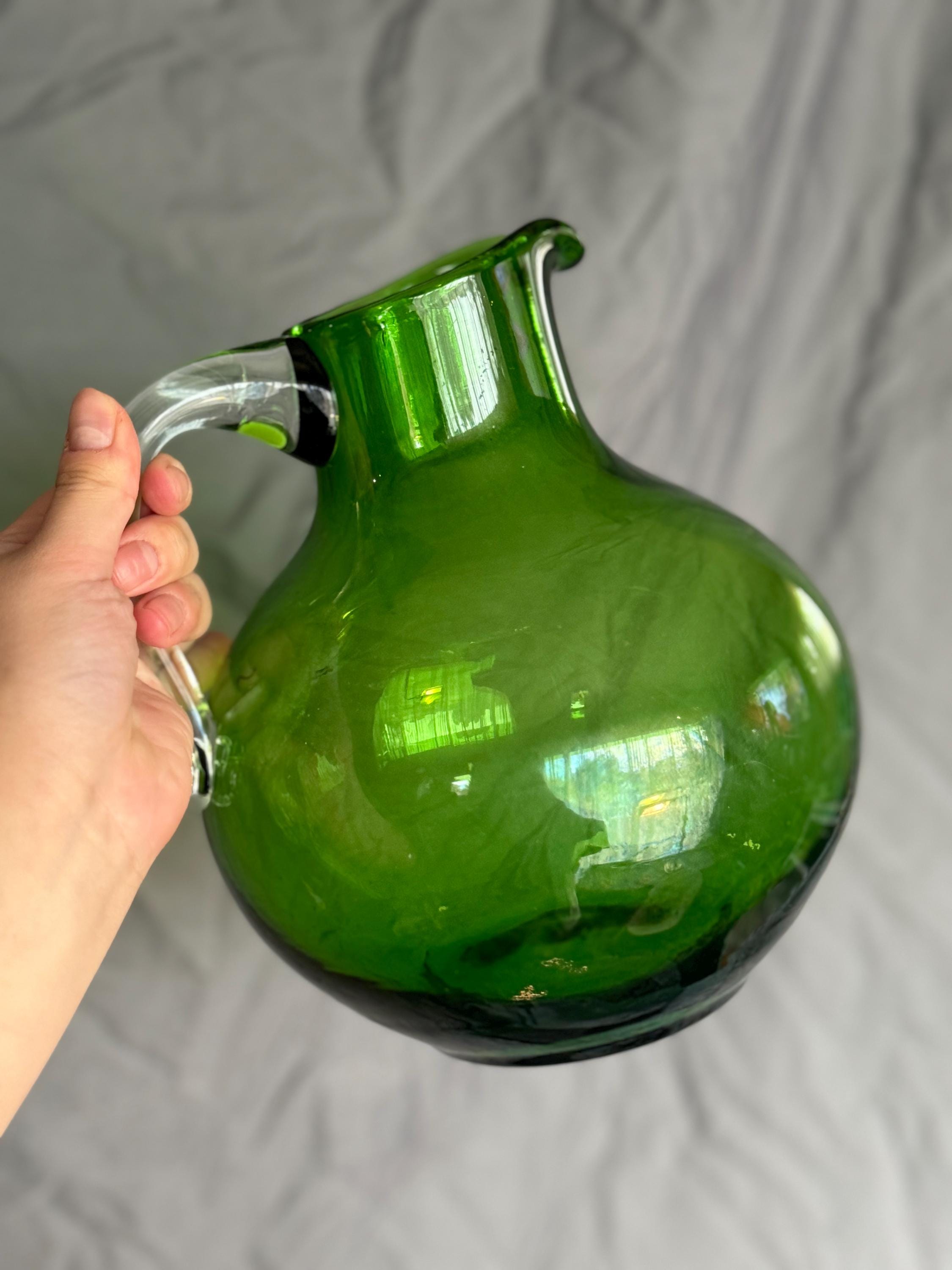Vintage Green Glass Hand Blown Pitcher - Etsy