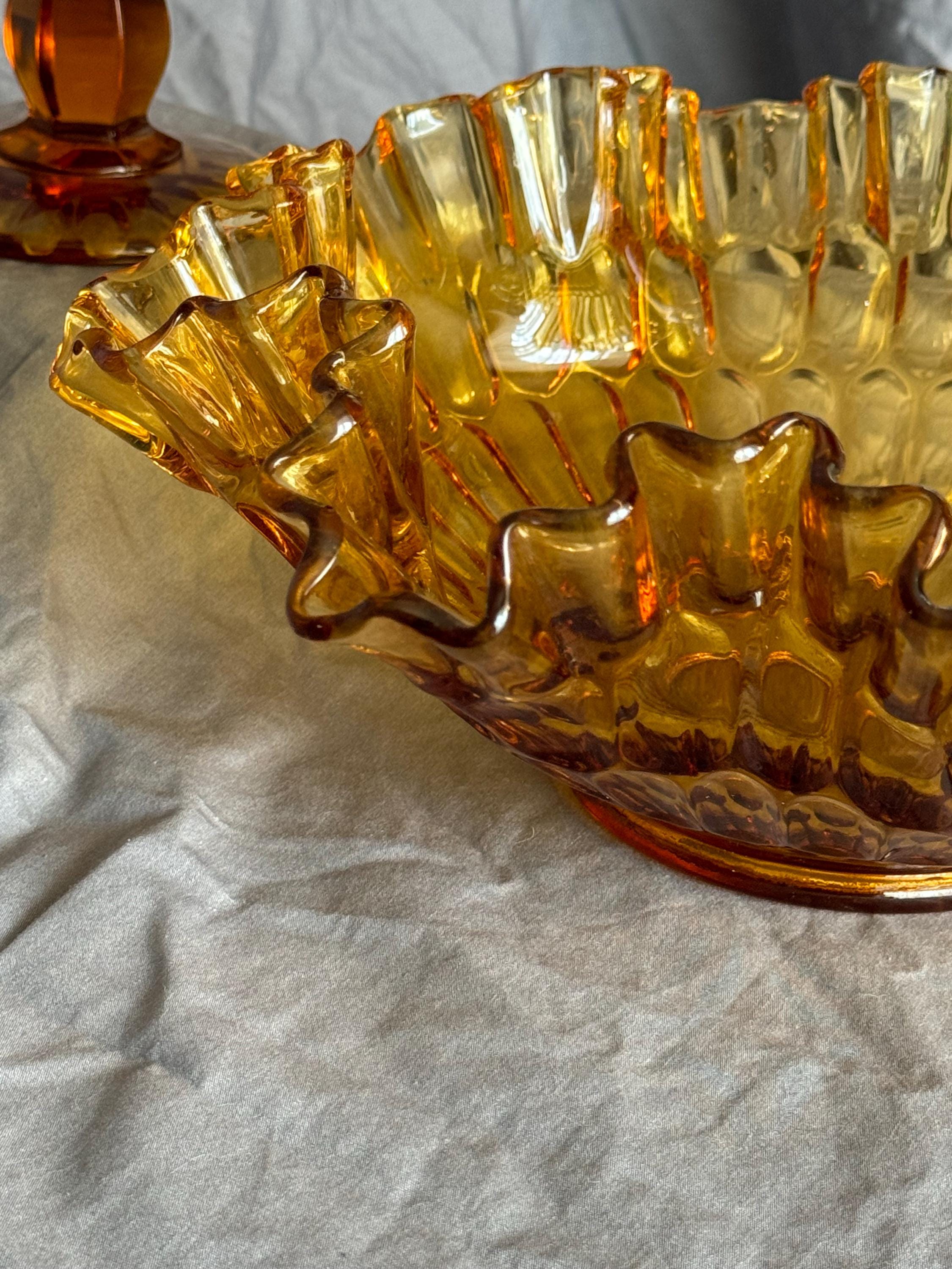 Fenton Amber Ruffled Thumbprint Bowl and Pedestal Duo - Etsy
