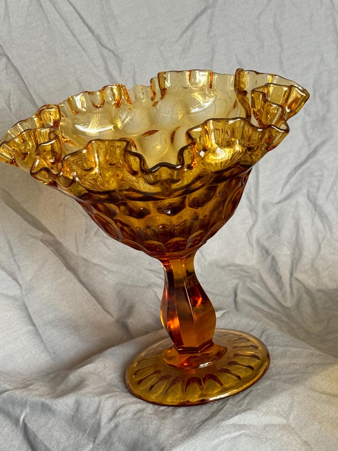 Fenton Amber Ruffled Thumbprint Bowl and Pedestal Duo - Etsy