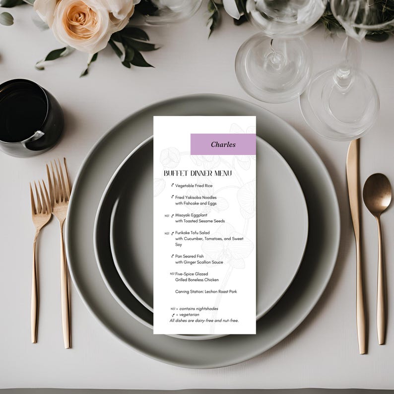 Modern Minimalist Orchid Wedding Menu and Place Card Classic Timeless ...