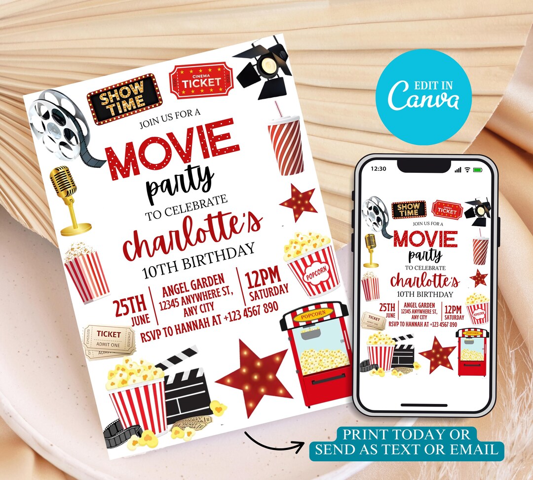 Editable Movie Night Birthday Party Invitation, Kids Cinema Birthday ...