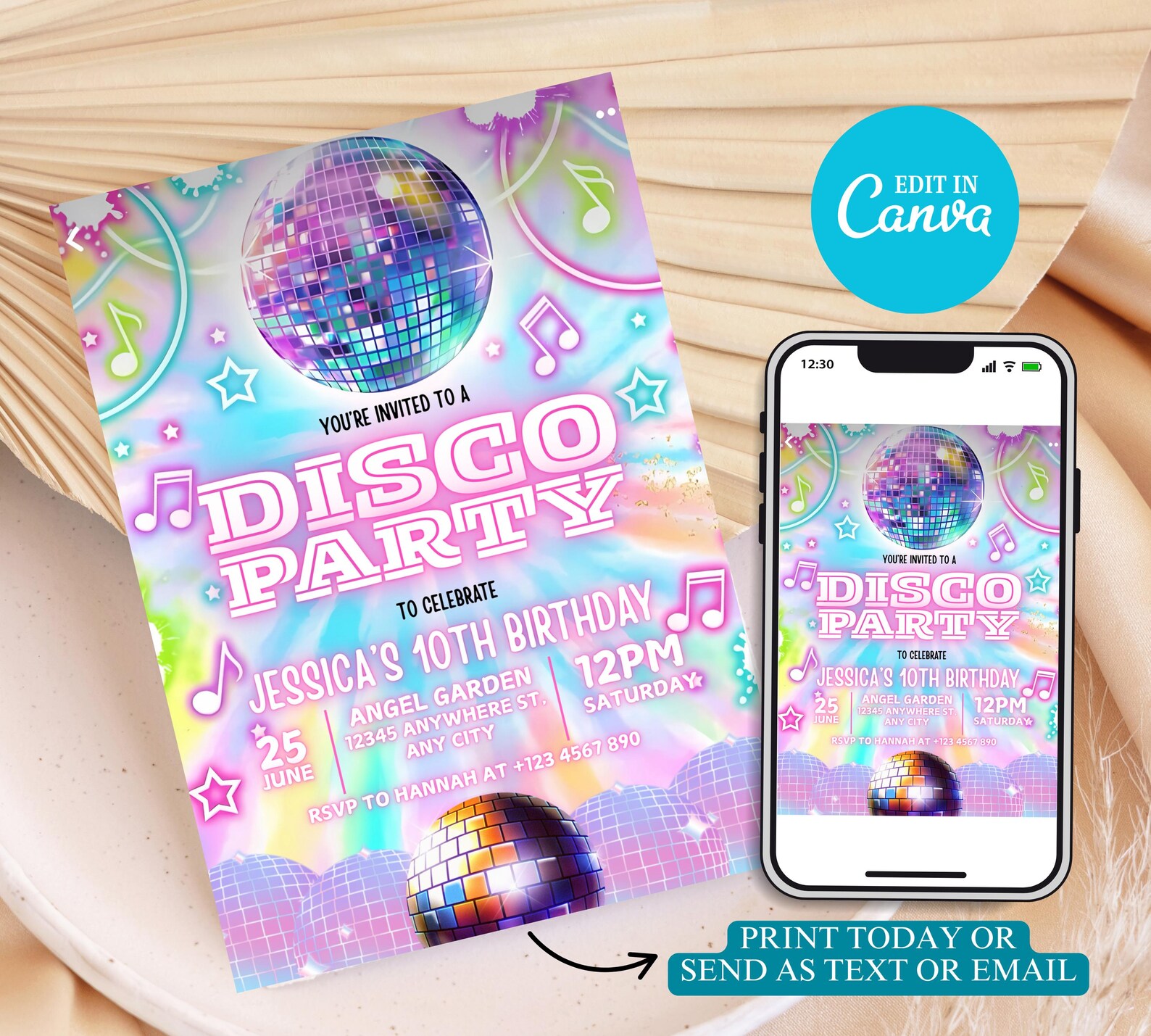 Editable Neon Disco Birthday Invitation: Tie Dye Party (canva Template ...