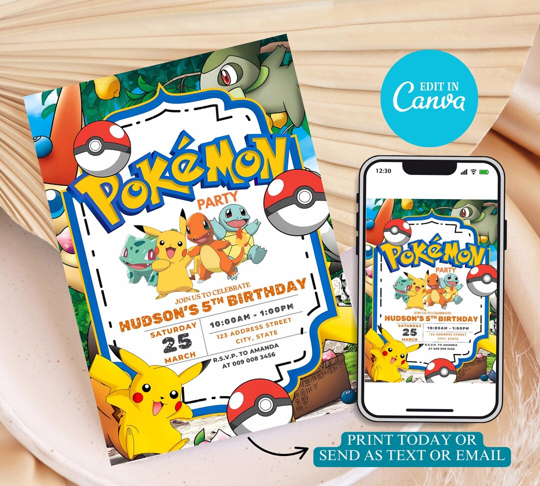 Editable Pokemon Invitation, Pokemon Birthday Invitation, Digital ...
