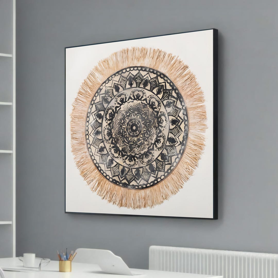 Bohemian Mandala Wall Art - Black and Beige Ethnic Design With Fringe ...