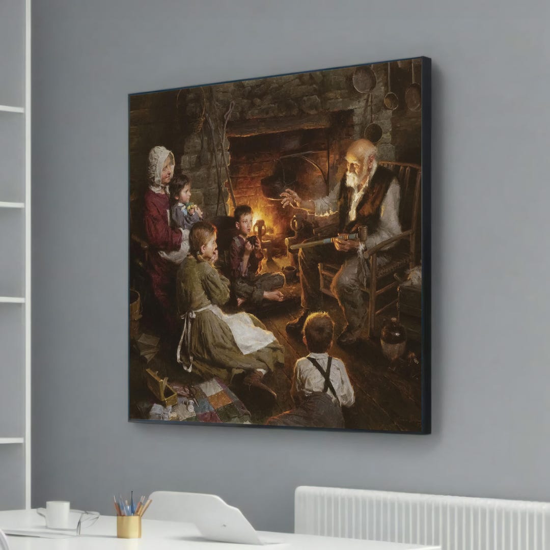 Family Hearth Storytelling - Realism Painting - Cozy Fireplace Scene ...