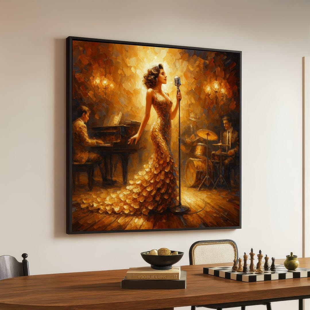 Vintage Jazz Singer Canvas, Elegant Lady in Gold Gown, Musician Quartet ...