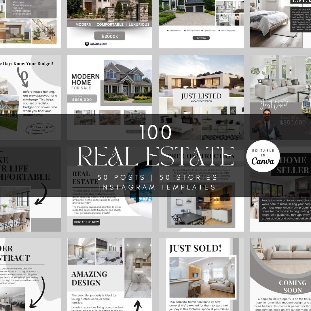 100 Real Estate Instagram Post + Story Luxury Realtor Templates Real ...