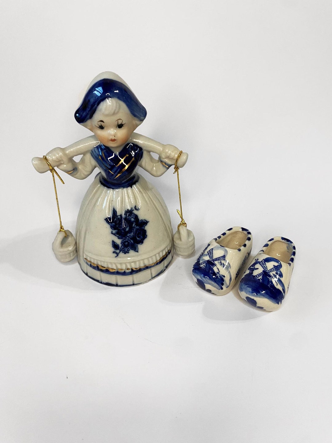 Vintage Delft Blue Porcelain Milk Maid Figurine Bell-shaped Dress and ...