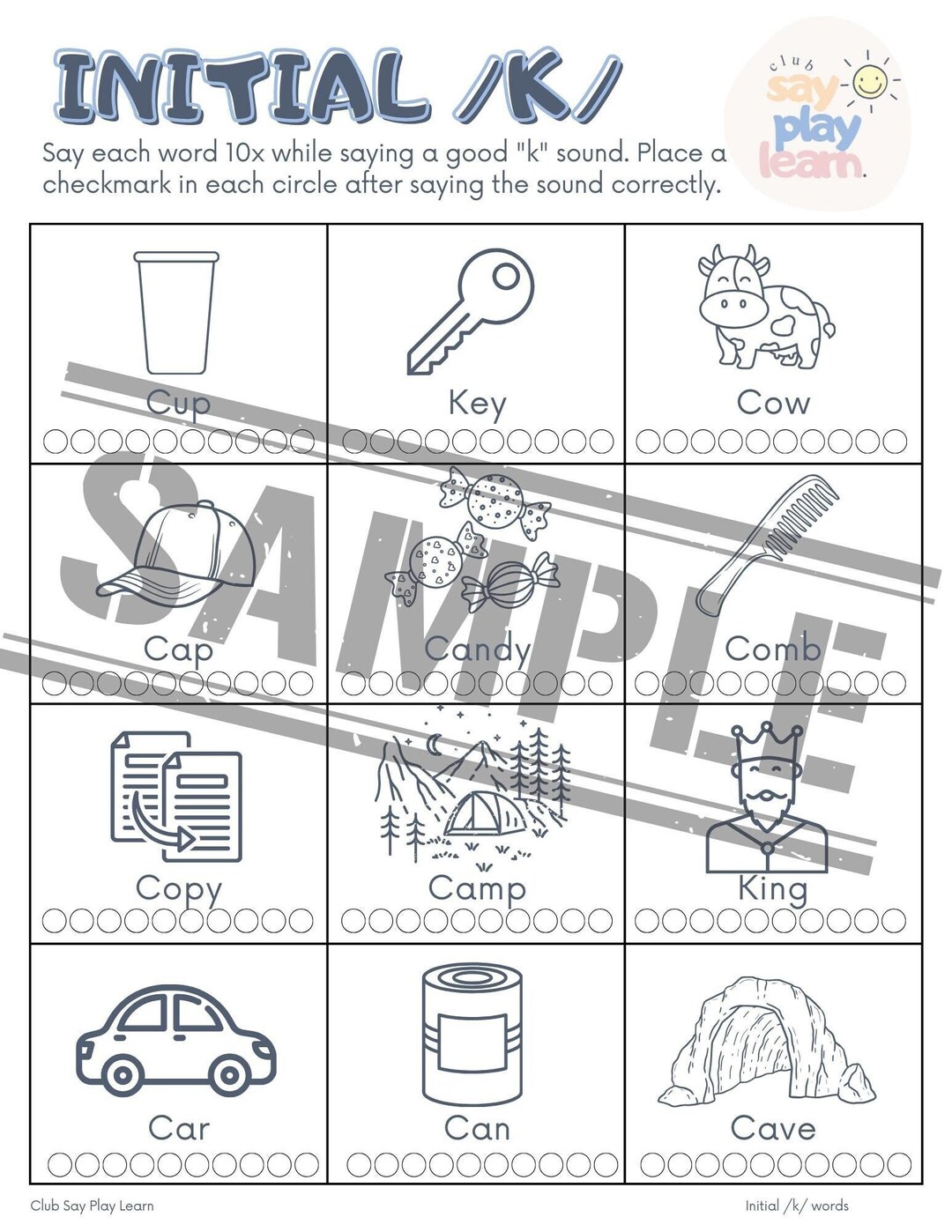 Articulation Word List /K/ All Word Positions - Etsy