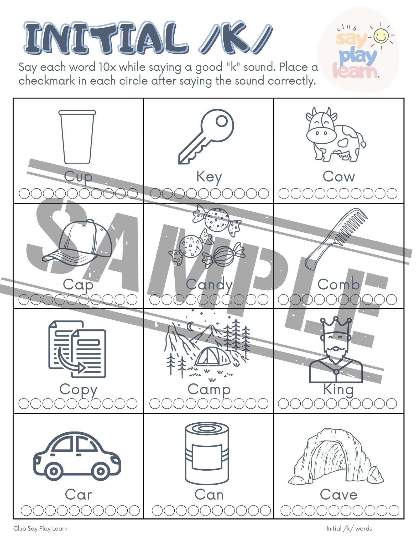 Articulation Word List /K/ All Word Positions - Etsy