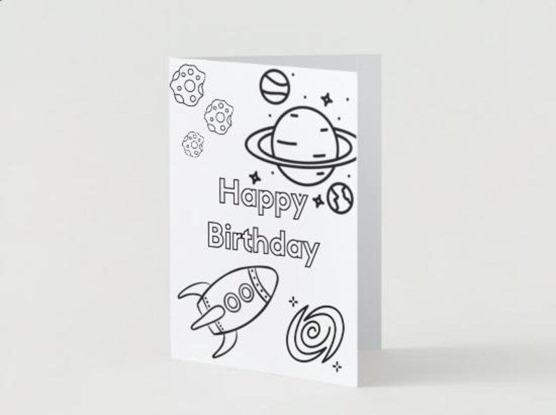 Printable, Happy Birthday Space Coloring Card. Birthday Planet Rocket ...