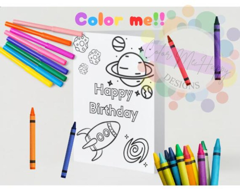 Printable, Happy Birthday Space Coloring Card. Birthday Planet Rocket ...