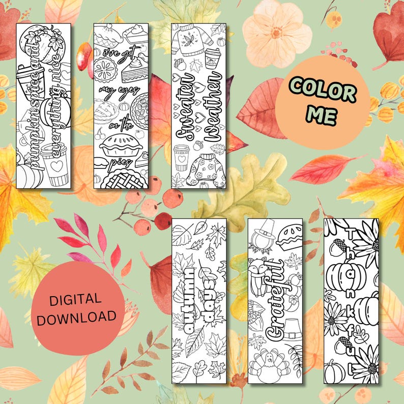 Printable Coloring Bookmark Set of 6 for Autumn and Fall. Download a ...