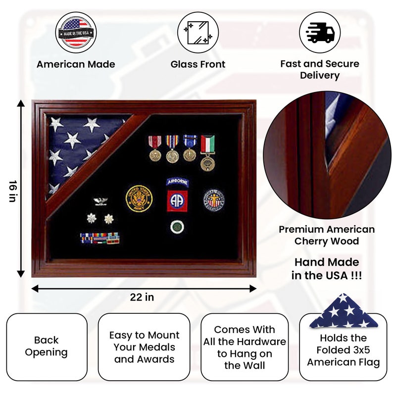 Flag and Medal Display Case, Large Flag Display for 3x5 Flag, Flag and ...