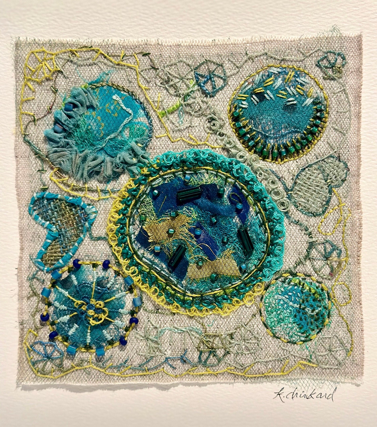 Hand Stitched Beaded Fiber Art: Teal Green Abstract Embroidery - Etsy