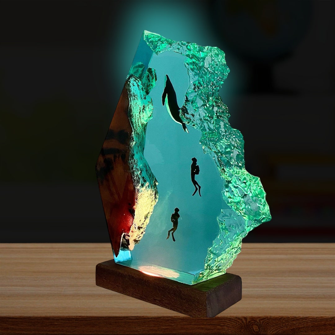 Epoxy Ocean Lights Humpback Whales and Couple Divers Night Lights Deep ...
