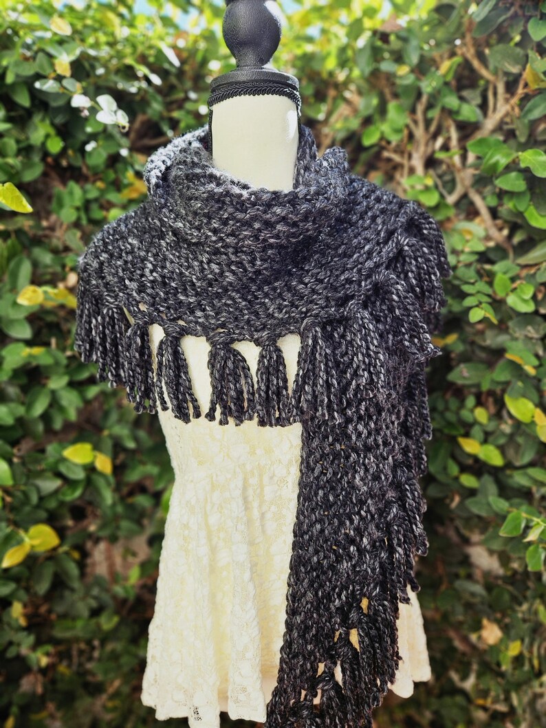 Chunky Knit Triangle Scarf With Fringe, Boho Gypsy Scarf, Handmade Knit ...