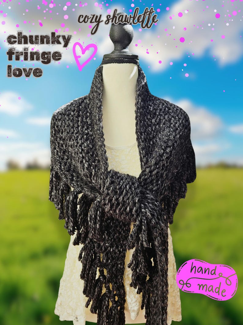 Chunky Knit Triangle Scarf With Fringe, Boho Gypsy Scarf, Handmade Knit ...
