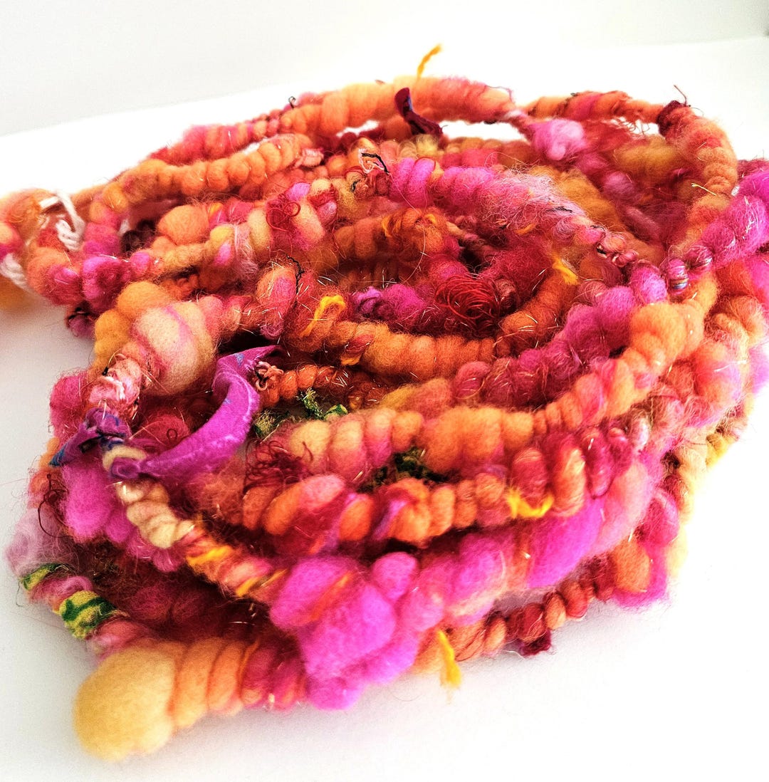 Scrappy Handspun Art Yarn, Hot Neon Pink Textured Art Yarn, Corespun ...