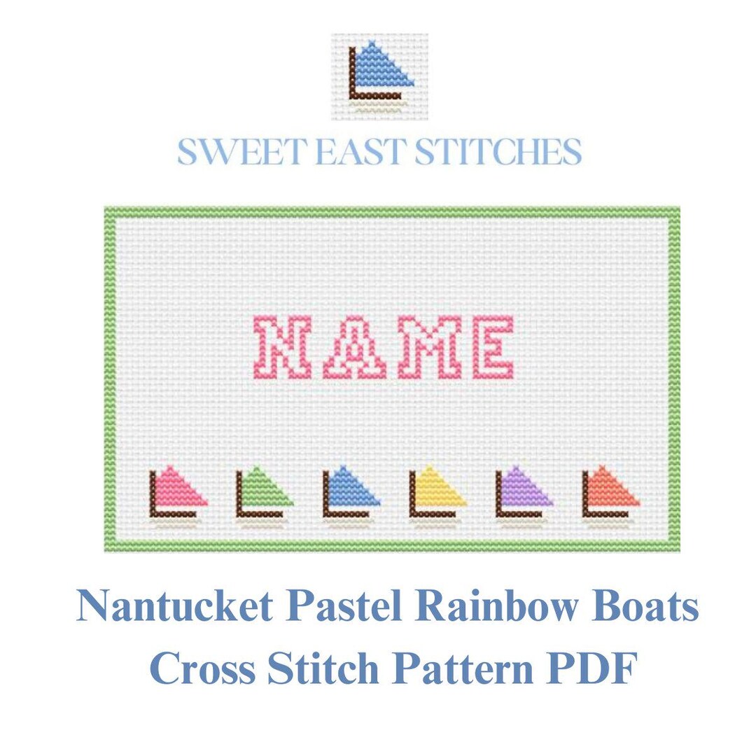 Nantucket Pink & Green Pastel Rainbow Boat Name Sign Cross Stitch ...