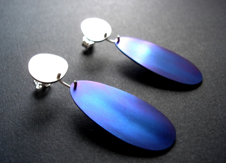 Sterling Silver & Titanium Pebble Drop Earrings, Patina Blue Dangle ...