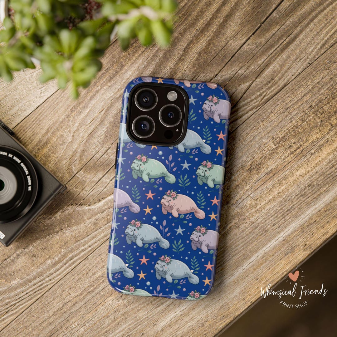 Phone Cases, Cute Manatee Boho Style Blue Background Charming Whimsical ...