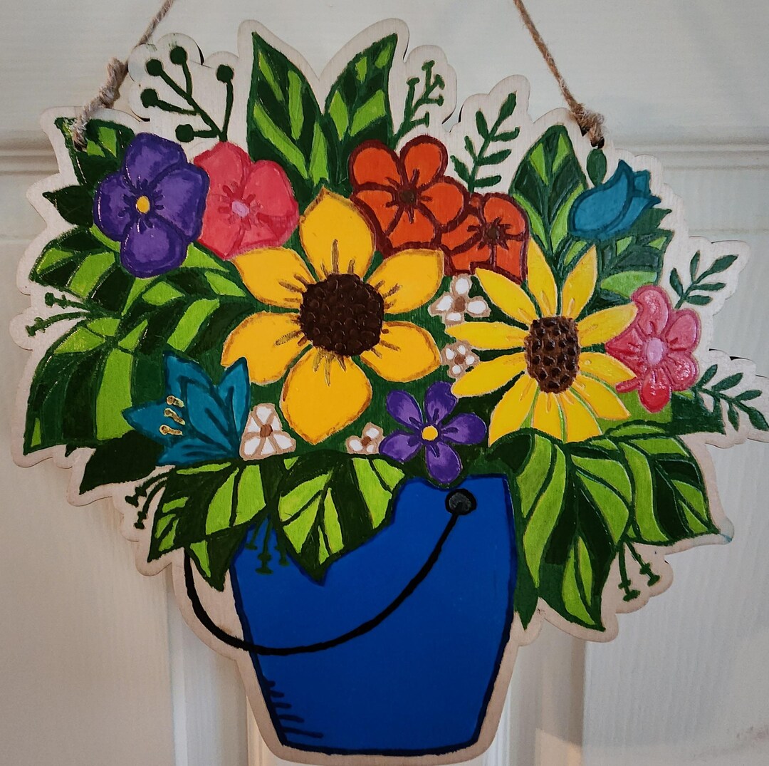 Handmade Wood Farmhouse Decor Rustic Hanging Sign Blue Bucket With ...