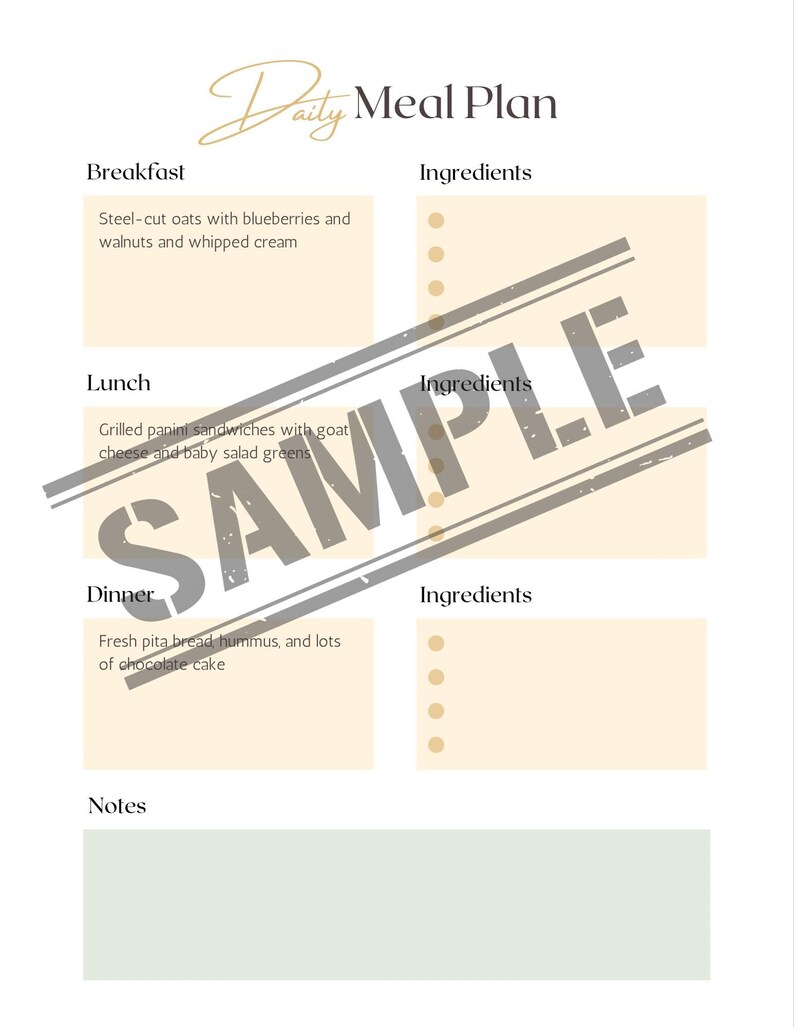 Daily Meal Plan With Ingredients Tracker Digital Download, Printable ...