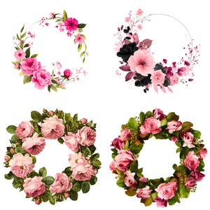 Pink Rose Wreath Clipart Bundle: Watercolor Floral Pngs (digital ...