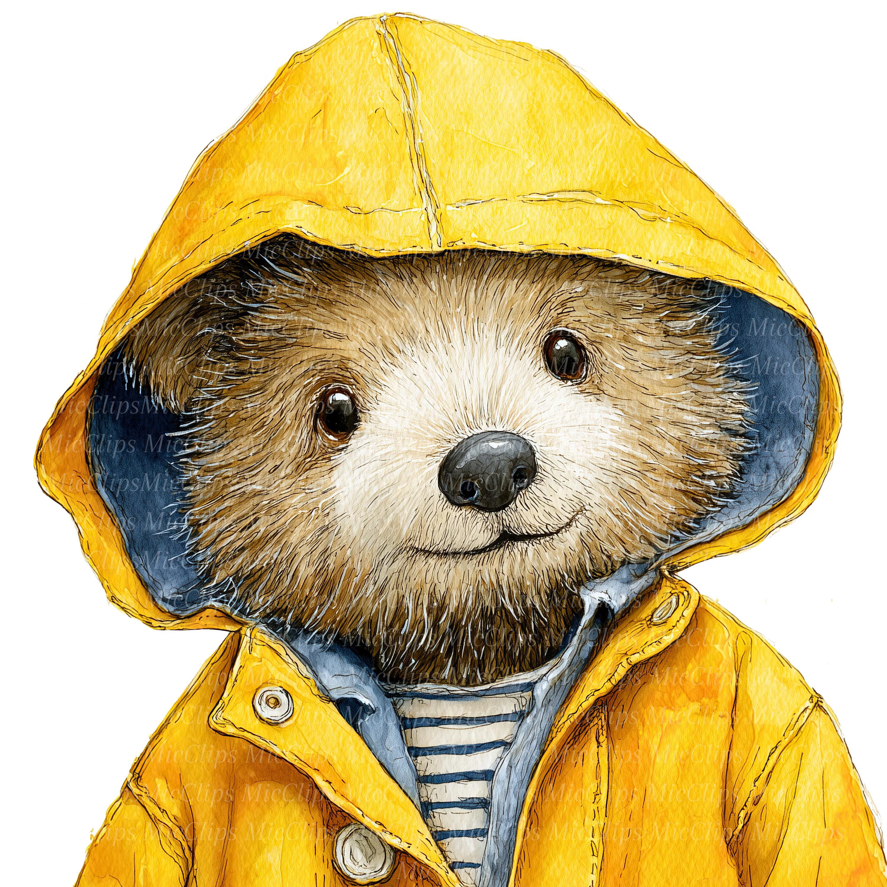 10 Teddy Bear Rainy Clipart, Cute Yellow Raincoat, Printable Watercolor ...