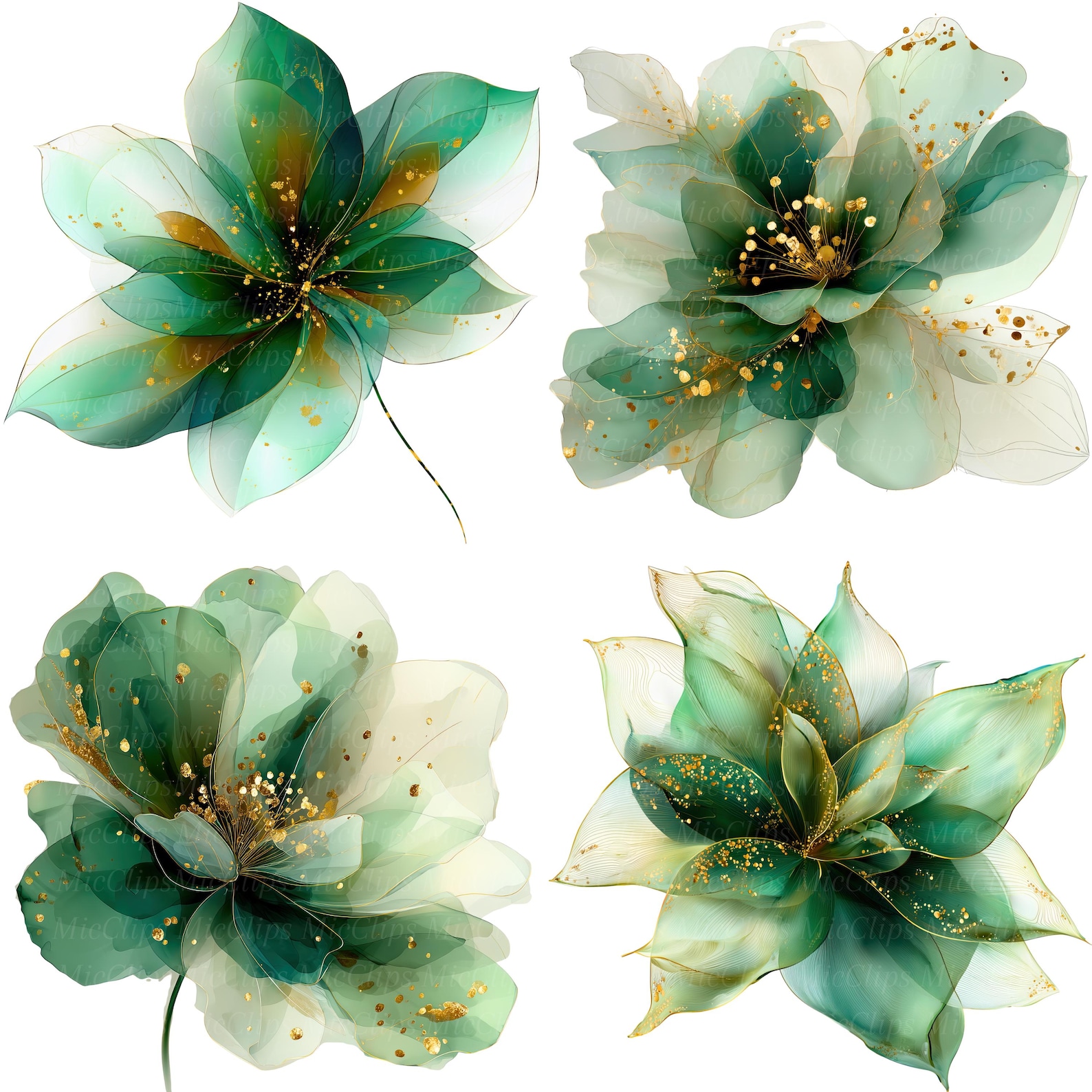 12 Abstract Green Watercolor Floral Clipart Bundle, Forest Green & Gold ...