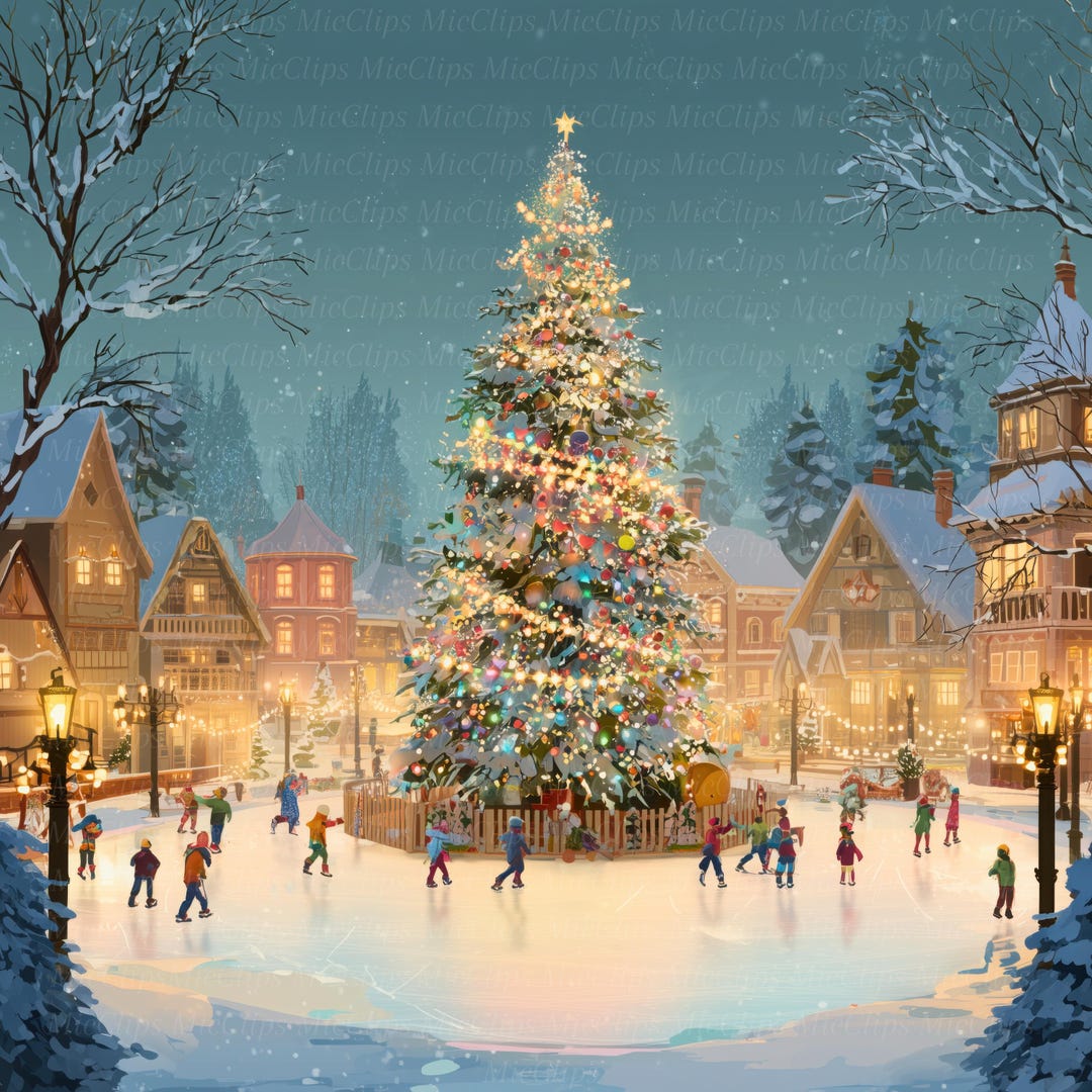 14 Christmas Tree Clipart, Winter Village Skating Rink, Holiday Card ...
