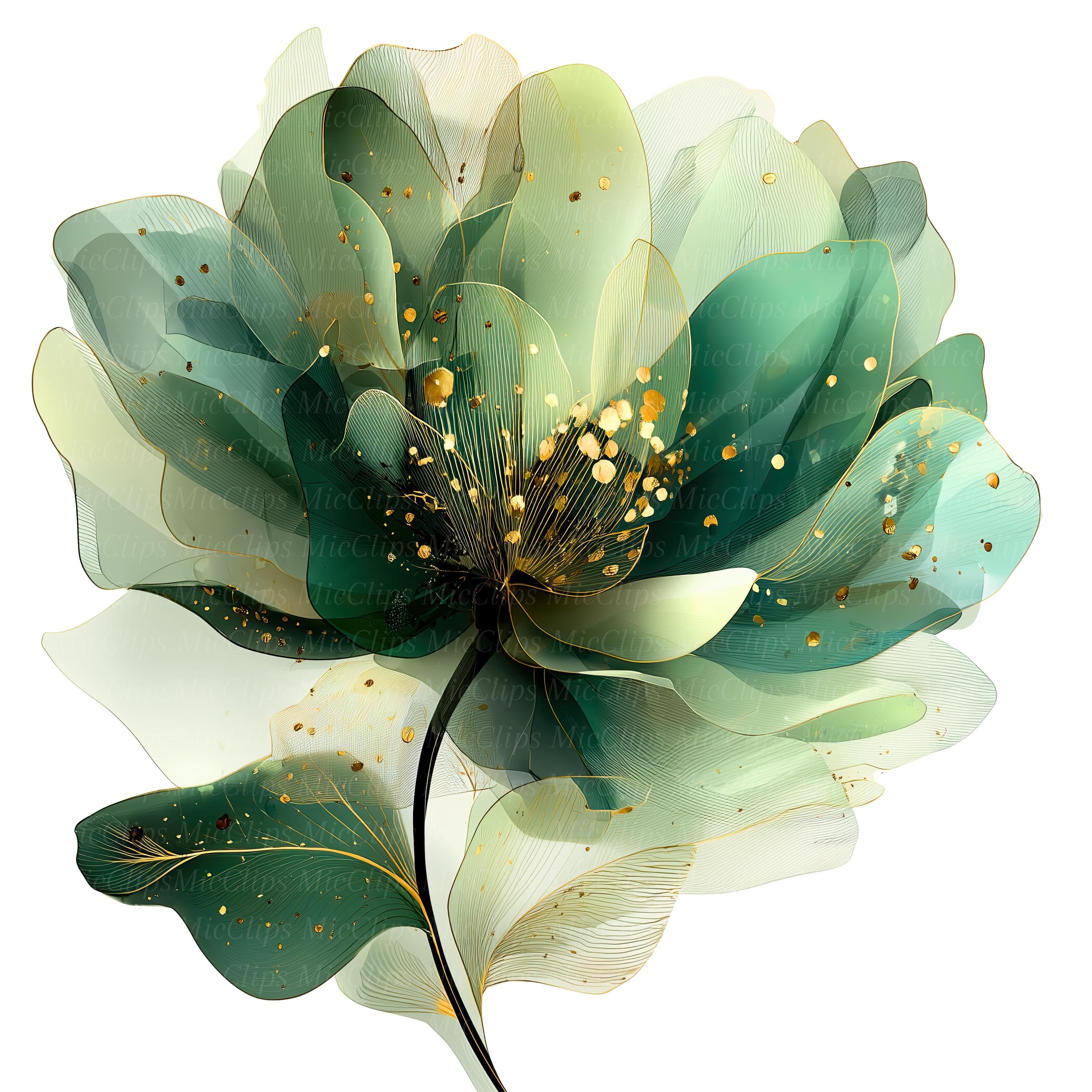 12 Abstract Green Watercolor Floral Clipart Bundle, Forest Green & Gold ...