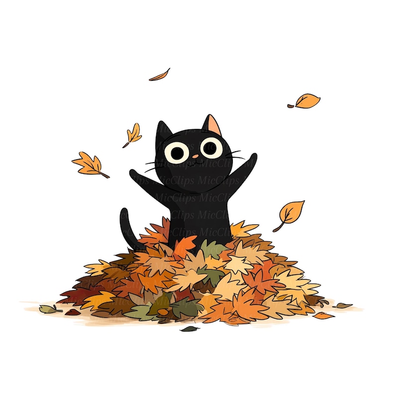 8 Cute Black Cat Clipart, Autumn Leaves Kitten, Printable Clipart, High ...