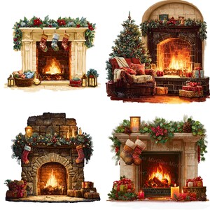 16 Cozy Christmas Fireplace Holiday Card, Printable Watercolor Clipart ...