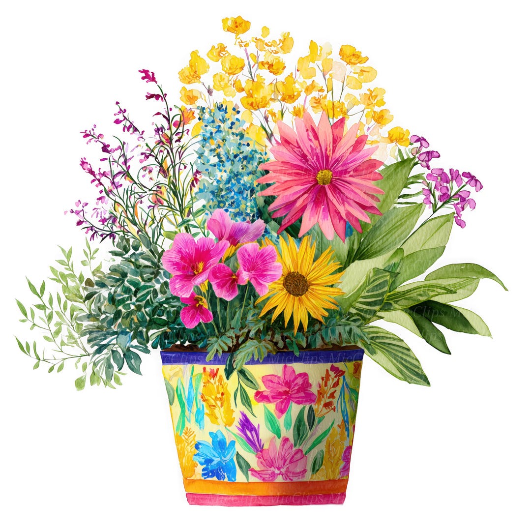12 Spring Potted Plant Clipart, Colorful Floral Bouquet, Floral Clay ...
