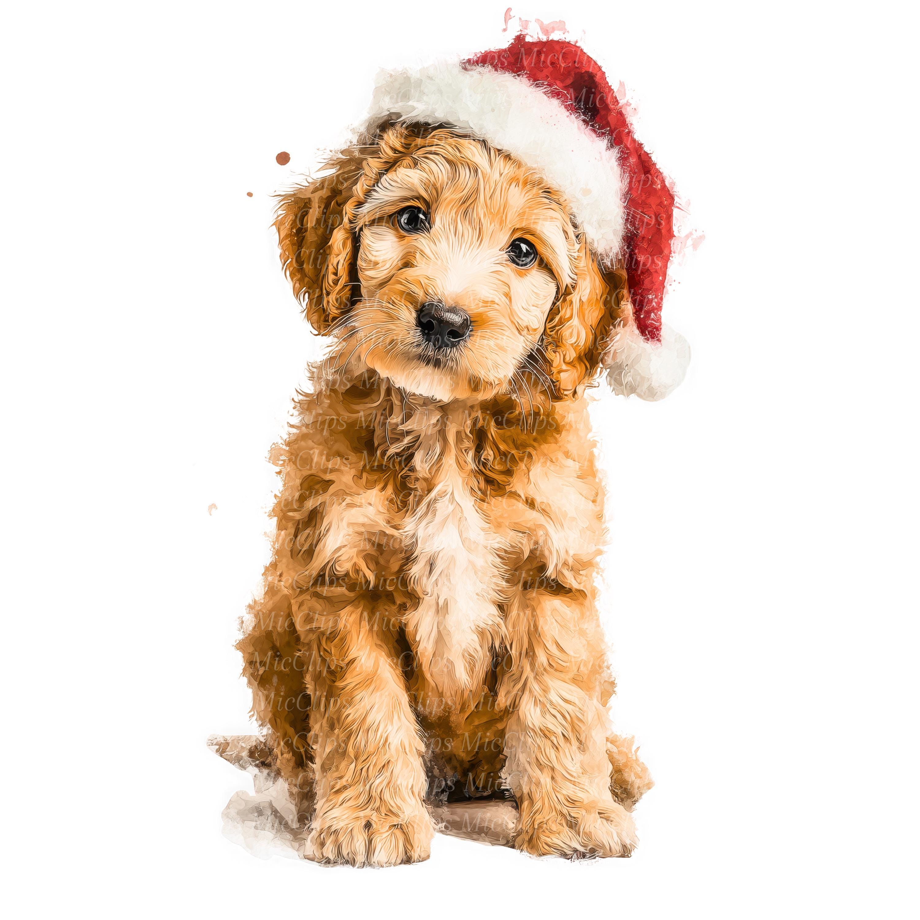 10 Festive Baby Labradoodles, Golden Doodle With a Santa Hat, Christmas ...