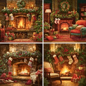 16 Cozy Christmas Fireplace Holiday Card, Printable Watercolor Clipart ...