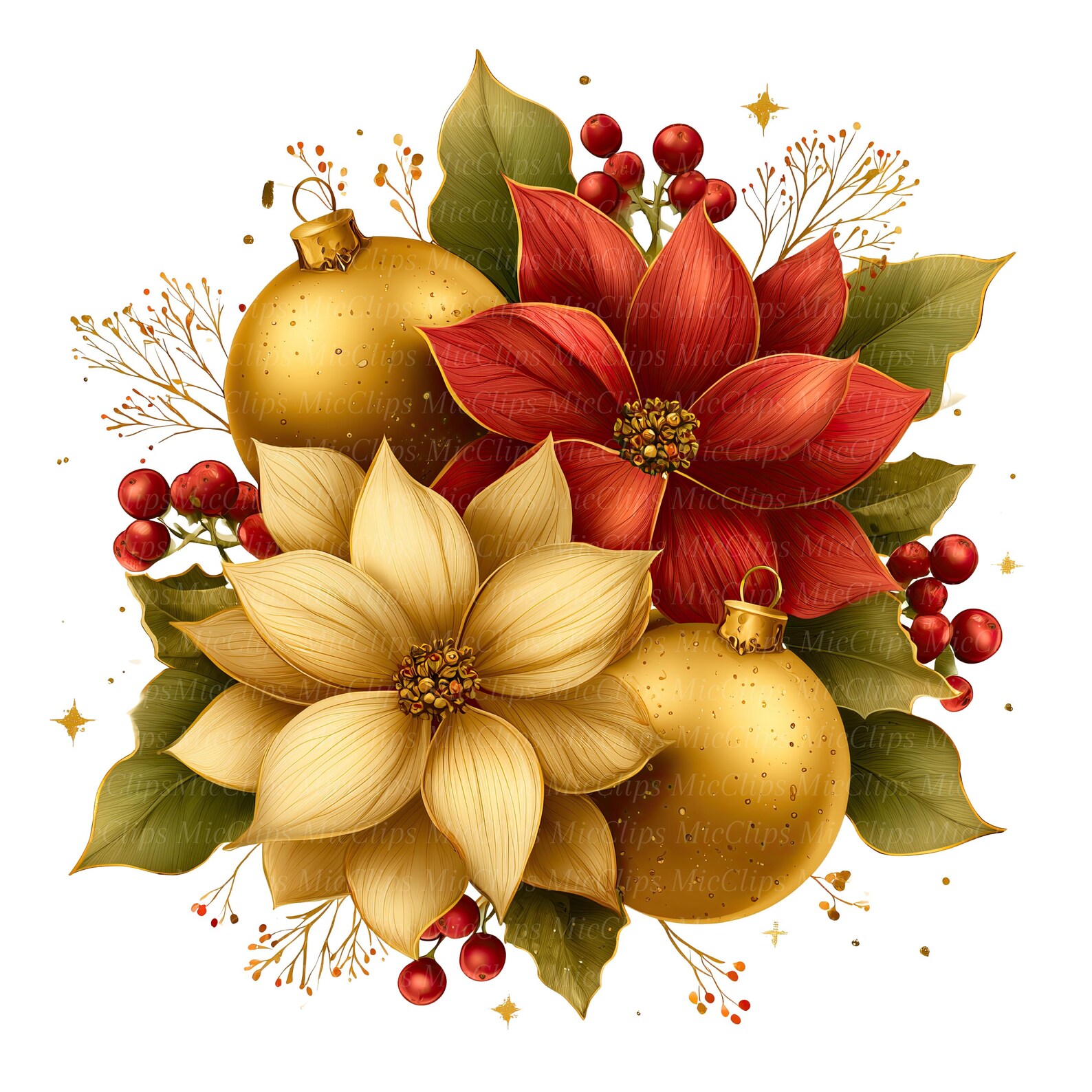 12 Christmas Decoration Clipart, Holiday Ornaments, Poinsettia Flowers ...