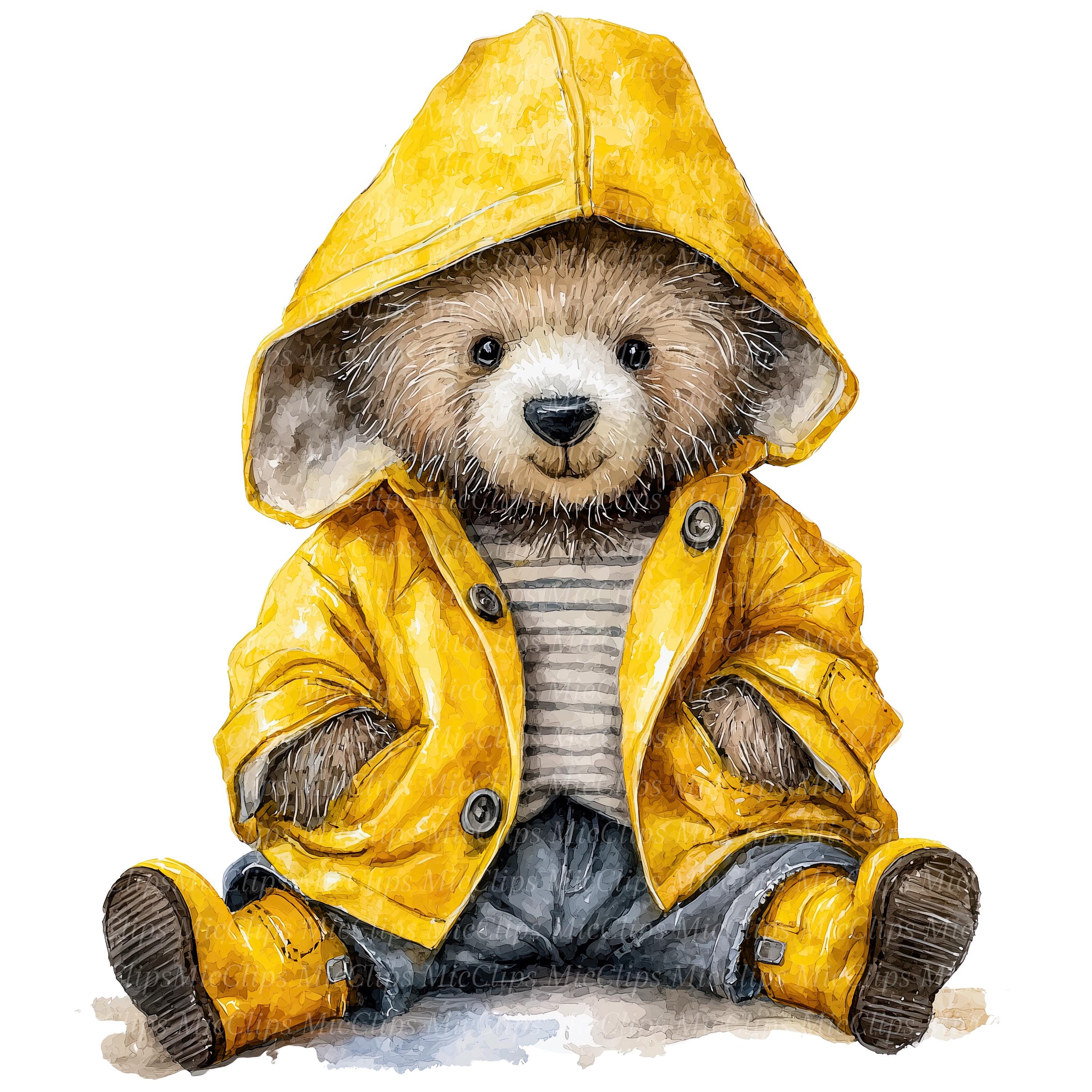 10 Teddy Bear Rainy Clipart, Cute Yellow Raincoat, Printable Watercolor ...