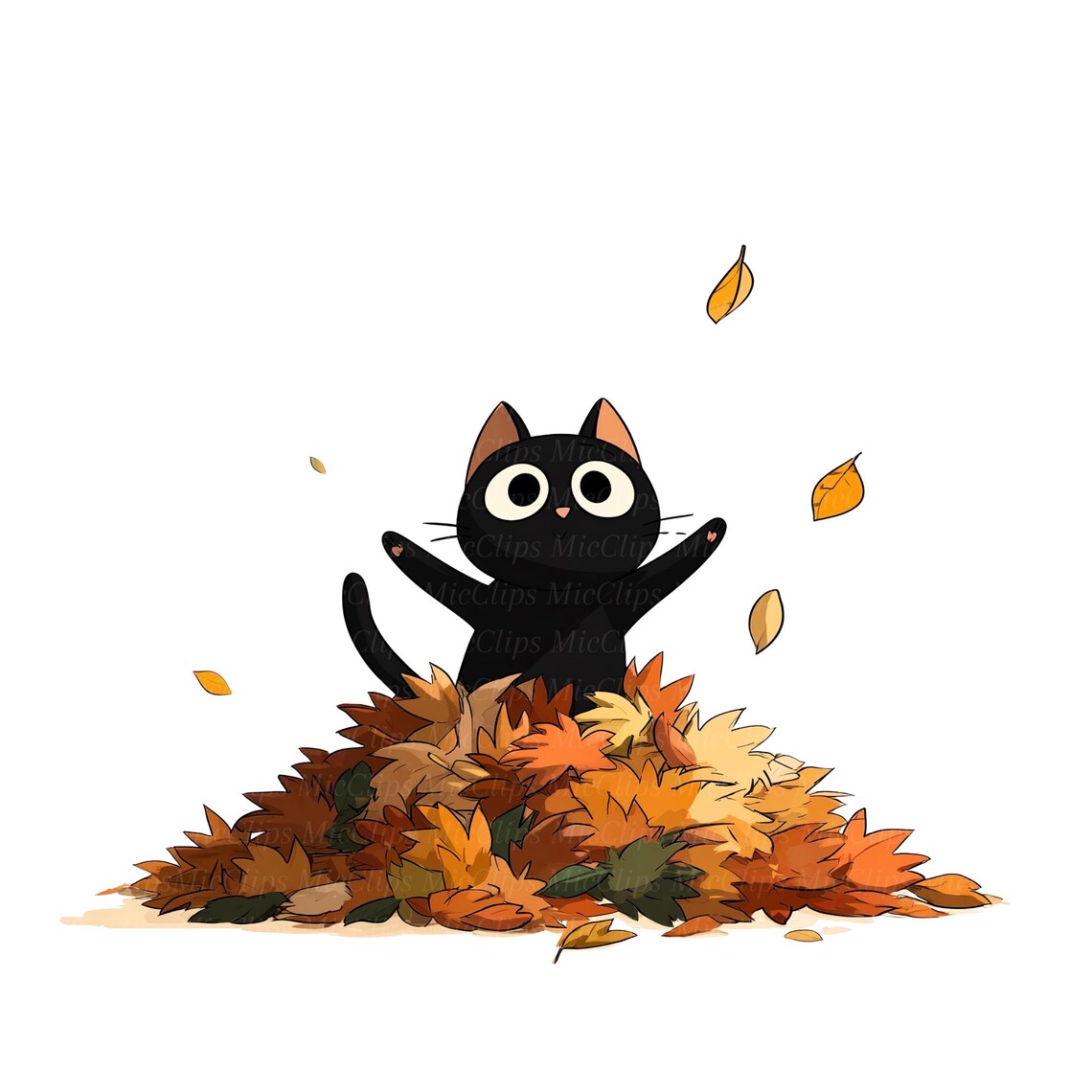 8 Cute Black Cat Clipart, Autumn Leaves Kitten, Printable Clipart, High ...