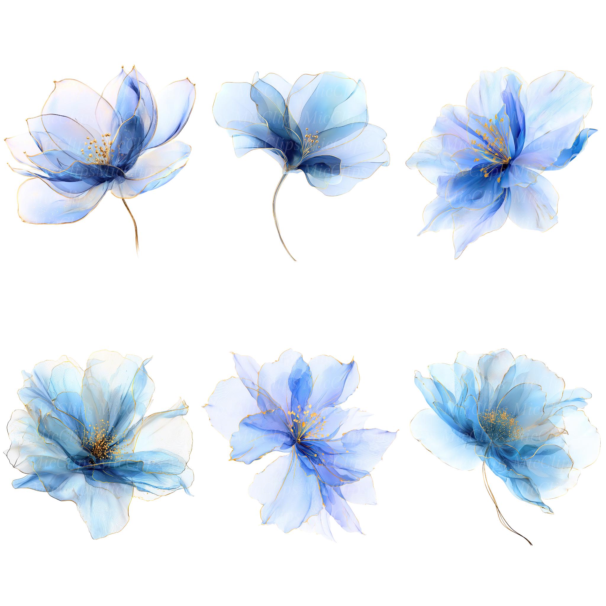 12 Abstract Flowers Clipart, Blue Gold Flower, Flowers Print, Printable ...