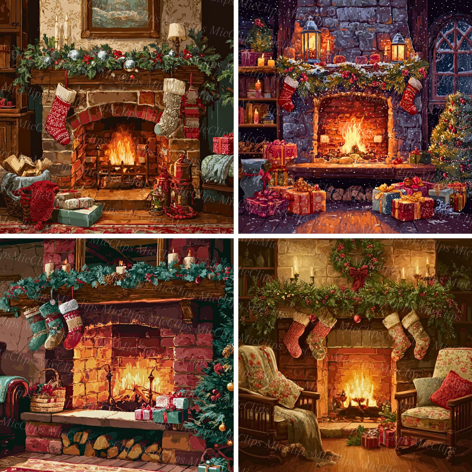 16 Cozy Christmas Fireplace Holiday Card, Printable Watercolor Clipart ...
