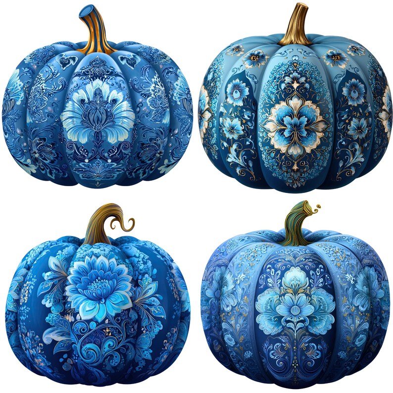 12 Blue Pumpkin Clipart, Boho Pumpkin Design, Printable Watercolor ...